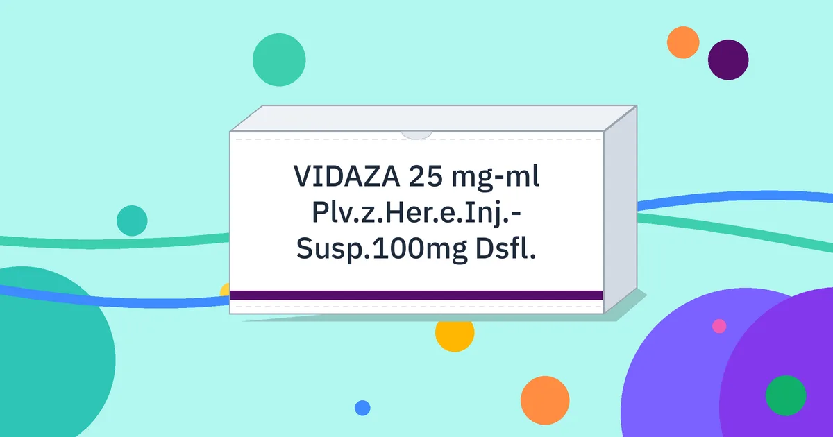 Symbolbild: Packung mit der Aufschrift VIDAZA 25 mg-ml Plv.z.Her.e.Inj.-Susp.100mg Dsfl. (PZN 05871892) – Verfügbarkeit und Bezug in Apotheken in Frankfurt am Main
