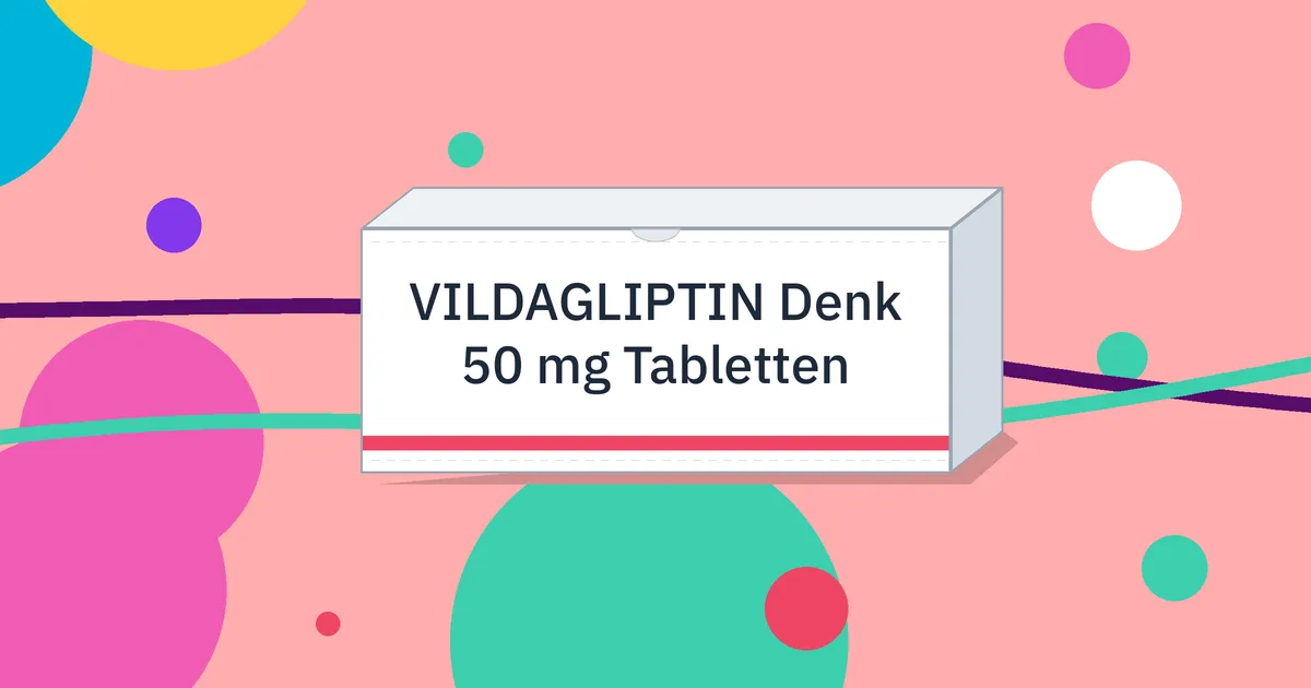 Symbolbild: Packung mit der Aufschrift VILDAGLIPTIN Denk 50 mg Tabletten (PZN 16890125) – Verfügbarkeit und Bezug in Apotheken in Frankfurt am Main