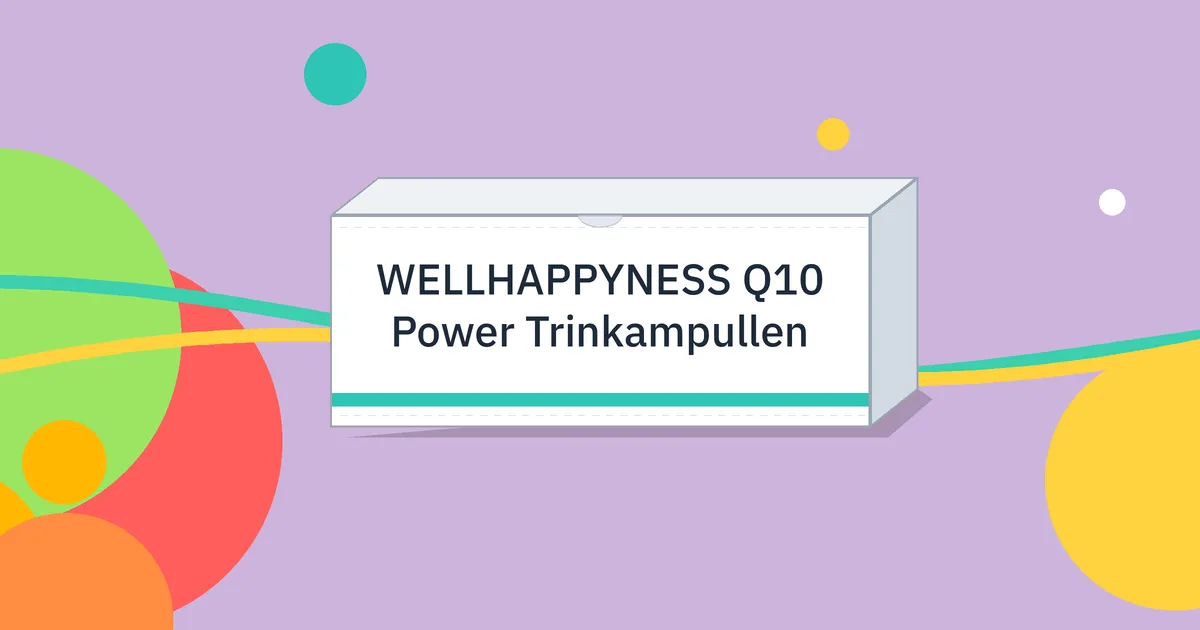Symbolbild: Packung mit der Aufschrift WELLHAPPYNESS Q10 Power Trinkampullen (PZN 11095239) – Verfügbarkeit und Bezug in Apotheken in Frankfurt am Main
