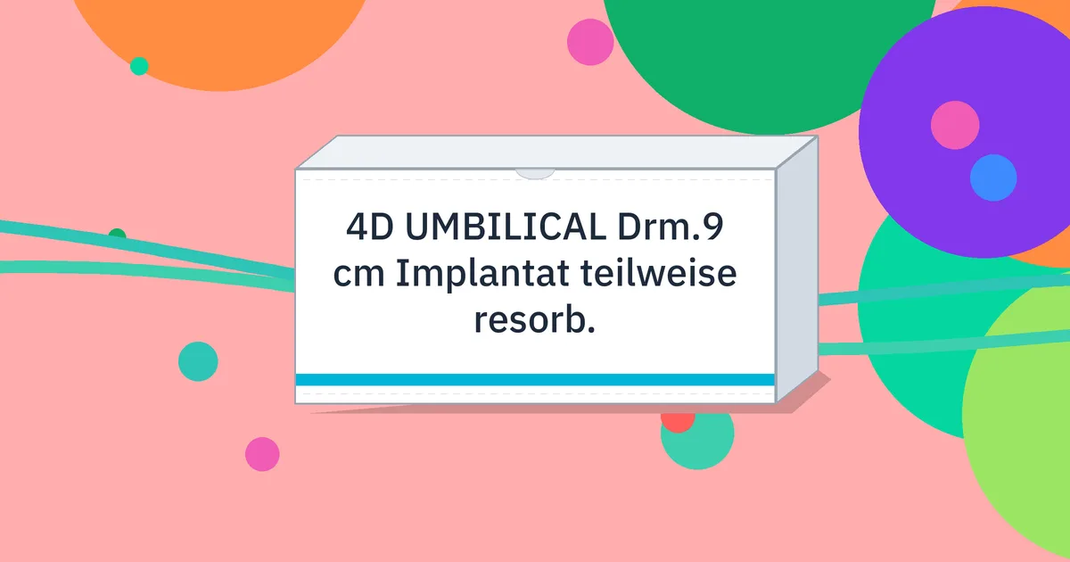 Symbolbild: Packung mit der Aufschrift 4D UMBILICAL Drm.9 cm Implantat teilweise resorb. (PZN 19504559) – Verfügbarkeit und Bezug in Apotheken in Frankfurt am Main
