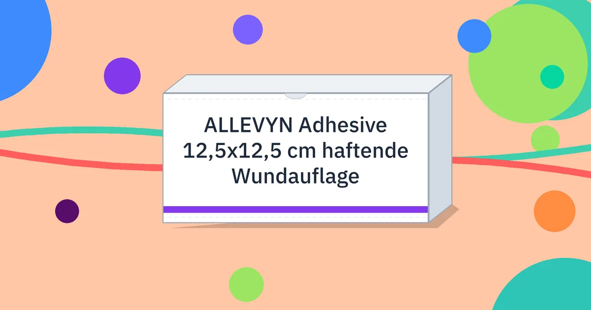 Symbolbild: Packung mit der Aufschrift ALLEVYN Adhesive 12,5x12,5 cm haftende Wundauflage (PZN 04481367) – Verfügbarkeit und Bezug in Apotheken in Frankfurt am Main