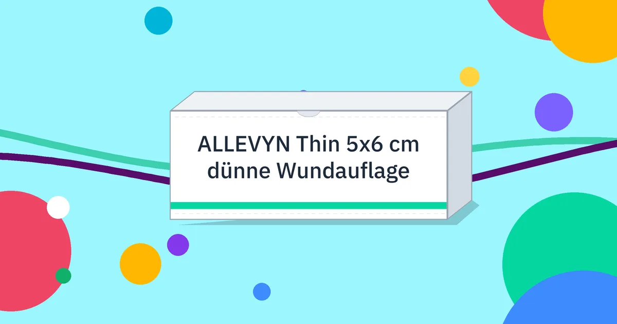 Symbolbild: Packung mit der Aufschrift ALLEVYN Thin 5x6 cm dünne Wundauflage (PZN 18799475) – Verfügbarkeit und Bezug in Apotheken in Frankfurt am Main