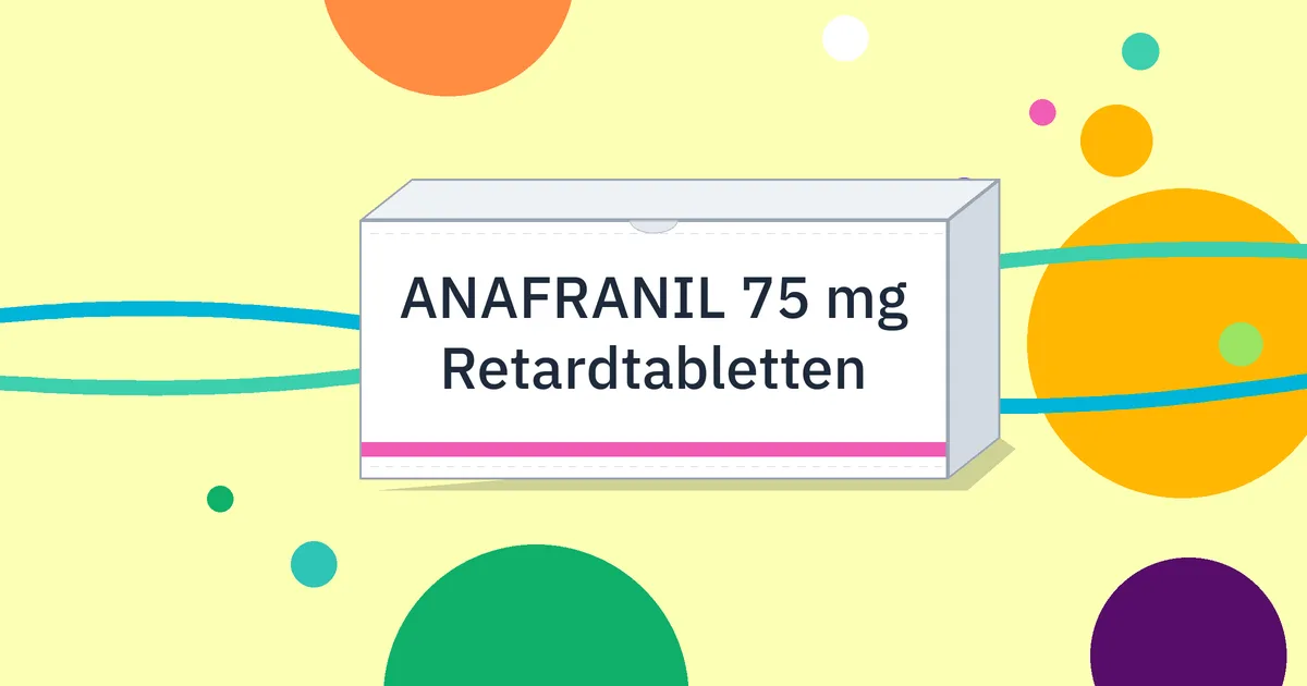 Symbolbild: Packung mit der Aufschrift ANAFRANIL 75 mg Retardtabletten (PZN 16847655) – Verfügbarkeit und Bezug in Apotheken in Frankfurt am Main