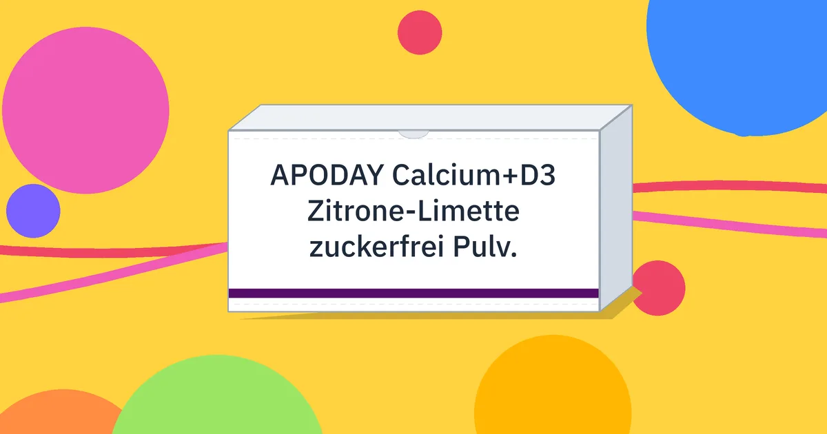 Symbolbild: Packung mit der Aufschrift APODAY Calcium+D3 Zitrone-Limette zuckerfrei Pulv. (PZN 14002190) – Verfügbarkeit und Bezug in Apotheken in Frankfurt am Main