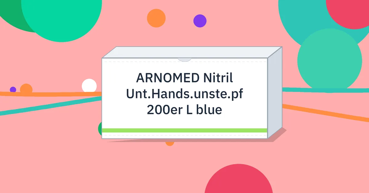 Symbolbild: Packung mit der Aufschrift ARNOMED Nitril Unt.Hands.unste.pf 200er L blue (PZN 18253428) – Verfügbarkeit und Bezug in Apotheken in Frankfurt am Main