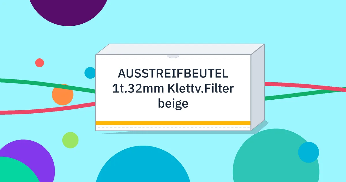 Symbolbild: Packung mit der Aufschrift AUSSTREIFBEUTEL 1t.32mm Klettv.Filter beige (PZN 10046026) – Verfügbarkeit und Bezug in Apotheken in Frankfurt am Main