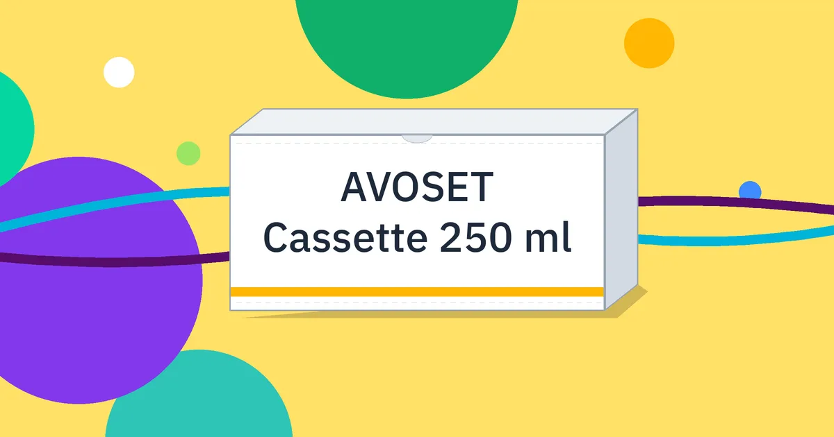 Symbolbild: Packung mit der Aufschrift AVOSET Cassette 250 ml (PZN 19990519) – Verfügbarkeit und Bezug in Apotheken in Frankfurt am Main
