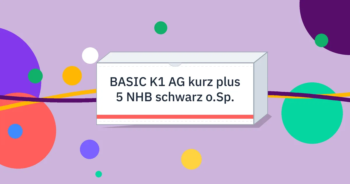 Symbolbild: Packung mit der Aufschrift BASIC K1 AG kurz plus 5 NHB schwarz o.Sp. (PZN 20261292) – Verfügbarkeit und Bezug in Apotheken in Frankfurt am Main
