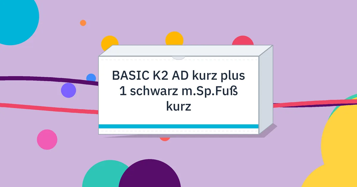 Symbolbild: Packung mit der Aufschrift BASIC K2 AD kurz plus 1 schwarz m.Sp.Fuß kurz (PZN 20263500) – Verfügbarkeit und Bezug in Apotheken in Frankfurt am Main