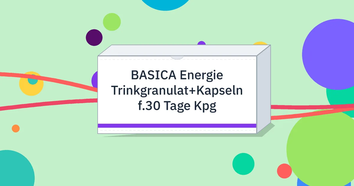 Symbolbild: Packung mit der Aufschrift BASICA Energie Trinkgranulat+Kapseln f.30 Tage Kpg (PZN 17527119) – Verfügbarkeit und Bezug in Apotheken in Frankfurt am Main