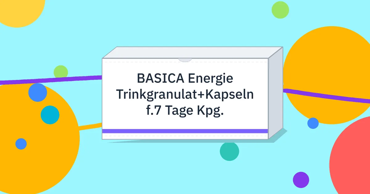 Symbolbild: Packung mit der Aufschrift BASICA Energie Trinkgranulat+Kapseln f.7 Tage Kpg. (PZN 17527102) – Verfügbarkeit und Bezug in Apotheken in Frankfurt am Main