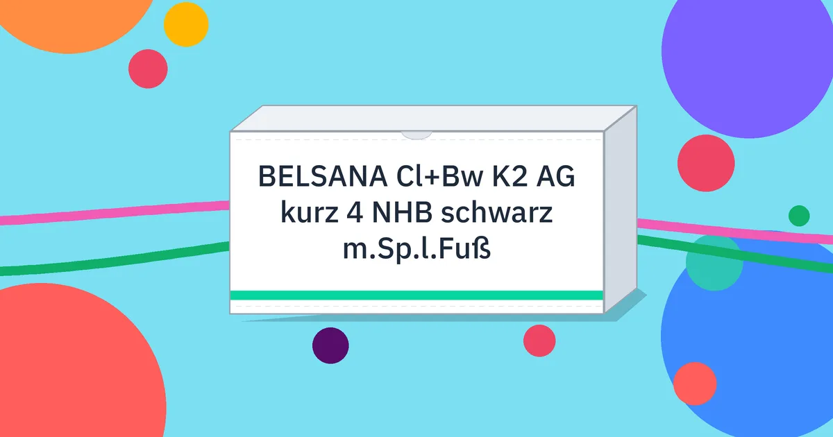 Symbolbild: Packung mit der Aufschrift BELSANA Cl+Bw K2 AG kurz 4 NHB schwarz m.Sp.l.Fuß (PZN 12247243) – Verfügbarkeit und Bezug in Apotheken in Frankfurt am Main