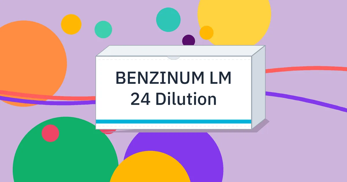 Symbolbild: Packung mit der Aufschrift BENZINUM LM 24 Dilution (PZN 12792147) – Verfügbarkeit und Bezug in Apotheken in Frankfurt am Main