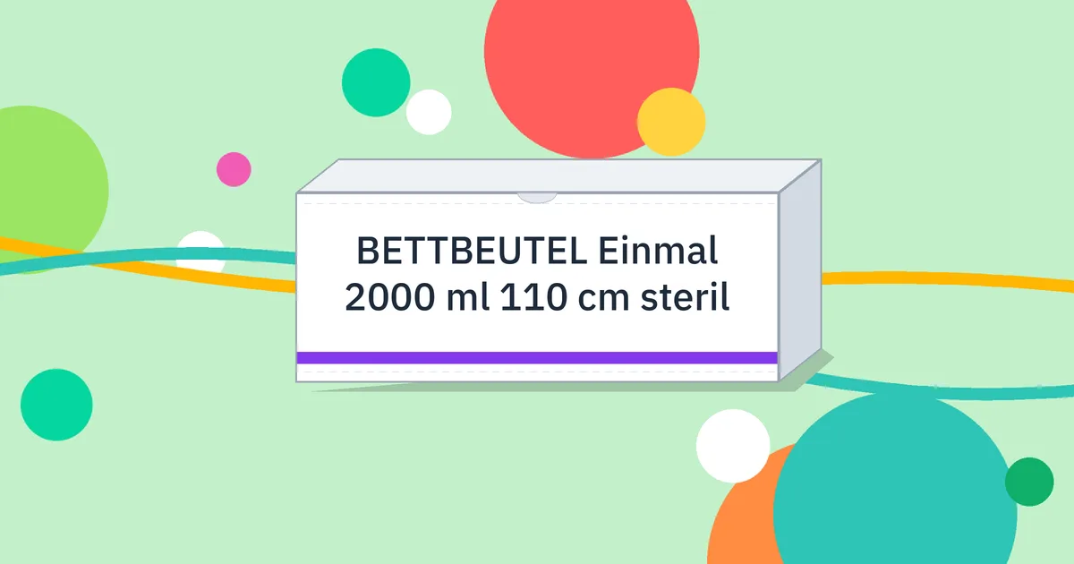 Symbolbild: Packung mit der Aufschrift BETTBEUTEL Einmal 2000 ml 110 cm steril (PZN 08871289) – Verfügbarkeit und Bezug in Apotheken in Frankfurt am Main