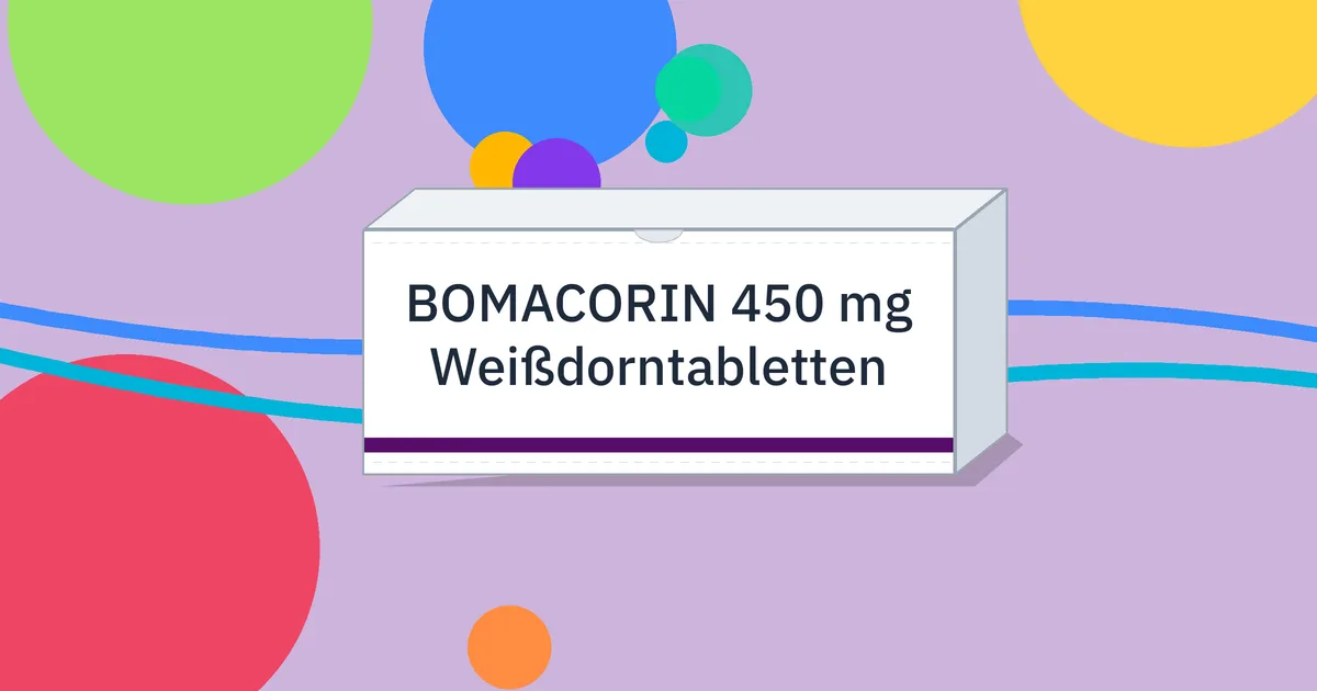 Symbolbild: Packung mit der Aufschrift BOMACORIN 450 mg Weißdorntabletten (PZN 13751601) – Verfügbarkeit und Bezug in Apotheken in Frankfurt am Main