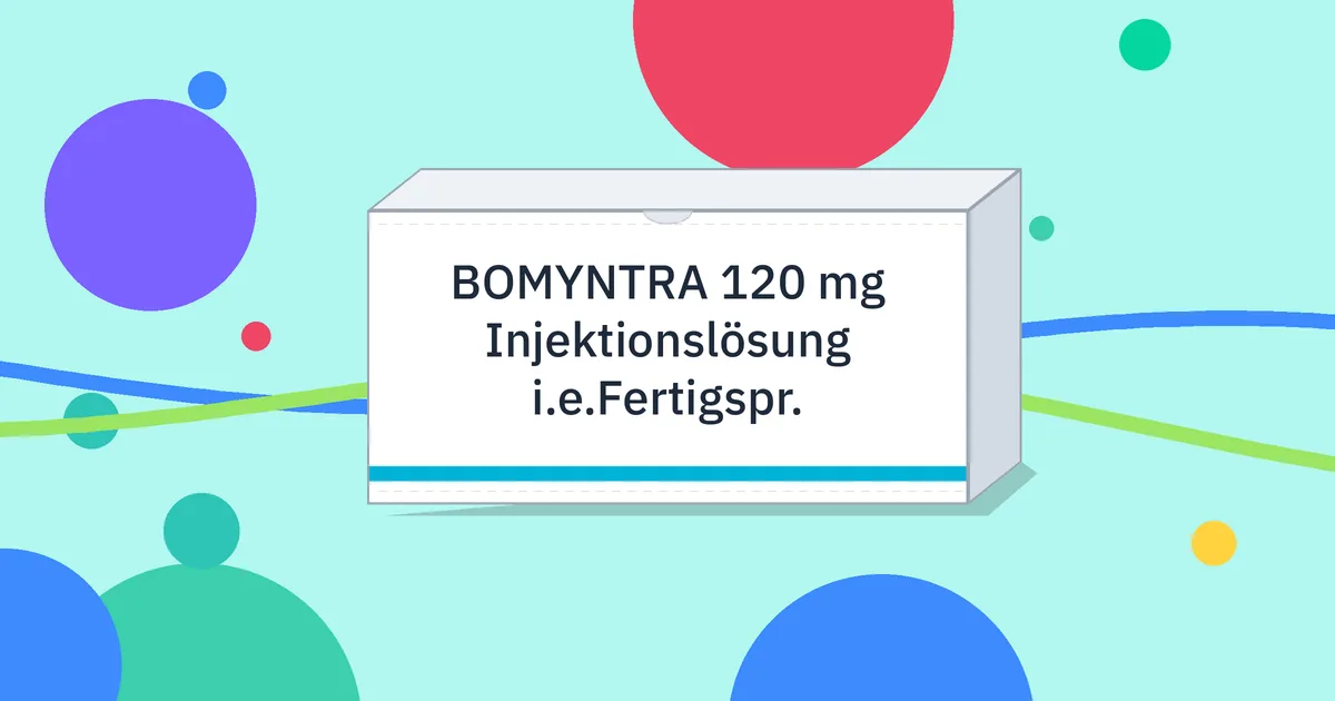 Symbolbild: Packung mit der Aufschrift BOMYNTRA 120 mg Injektionslösung i.e.Fertigspr. (PZN 20081259) – Verfügbarkeit und Bezug in Apotheken in Frankfurt am Main