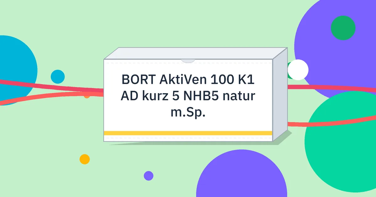 Symbolbild: Packung mit der Aufschrift BORT AktiVen 100 K1 AD kurz 5 NHB5 natur m.Sp. (PZN 17493745) – Verfügbarkeit und Bezug in Apotheken in Frankfurt am Main
