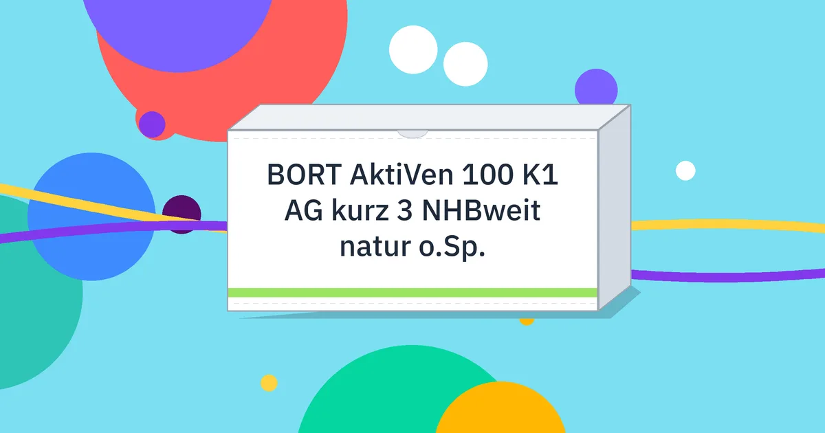 Symbolbild: Packung mit der Aufschrift BORT AktiVen 100 K1 AG kurz 3 NHBweit natur o.Sp. (PZN 13729636) – Verfügbarkeit und Bezug in Apotheken in Frankfurt am Main