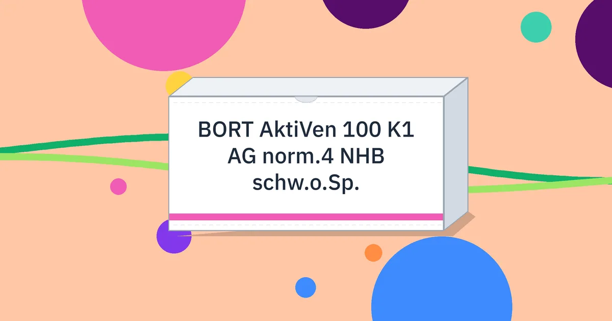 Symbolbild: Packung mit der Aufschrift BORT AktiVen 100 K1 AG norm.4 NHB schw.o.Sp. (PZN 14387557) – Verfügbarkeit und Bezug in Apotheken in Frankfurt am Main