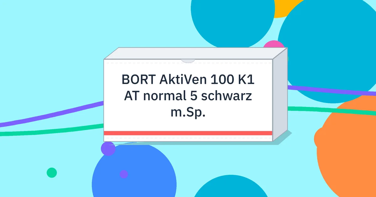 Symbolbild: Packung mit der Aufschrift BORT AktiVen 100 K1 AT normal 5 schwarz m.Sp. (PZN 14389094) – Verfügbarkeit und Bezug in Apotheken in Frankfurt am Main