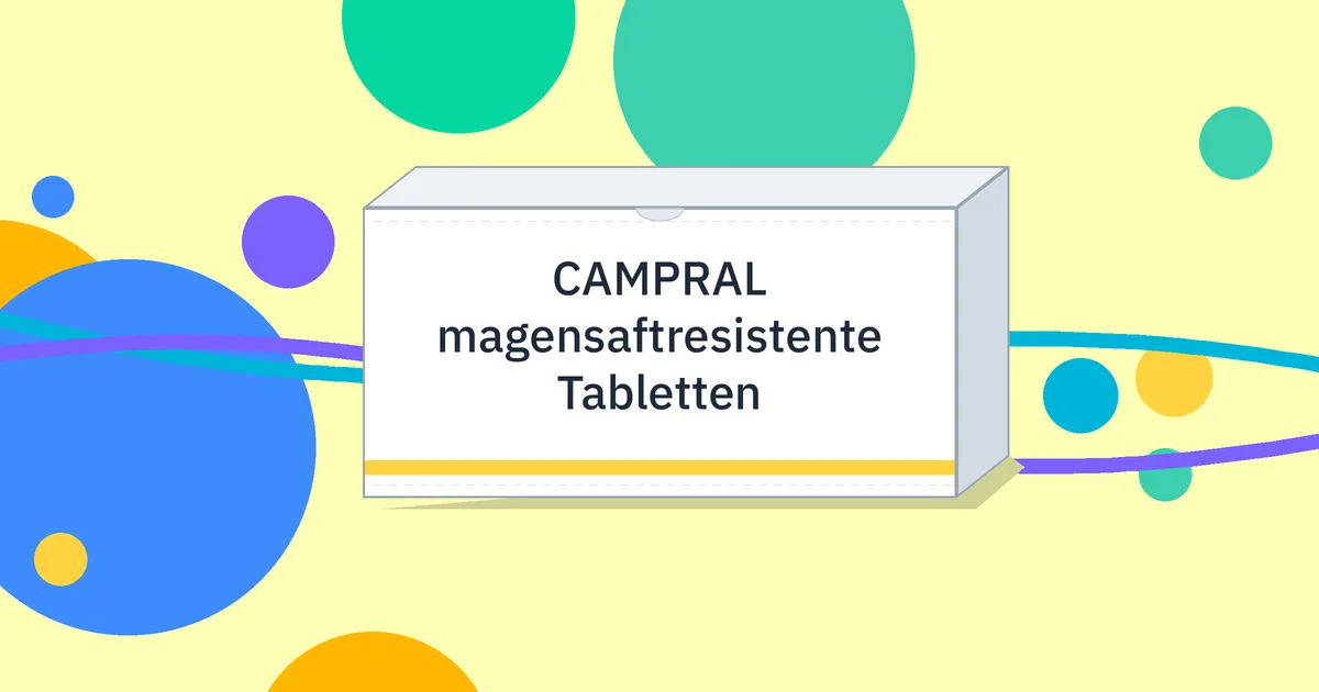 Symbolbild: Packung mit der Aufschrift CAMPRAL magensaftresistente Tabletten (PZN 00968701) – Verfügbarkeit und Bezug in Apotheken in Frankfurt am Main