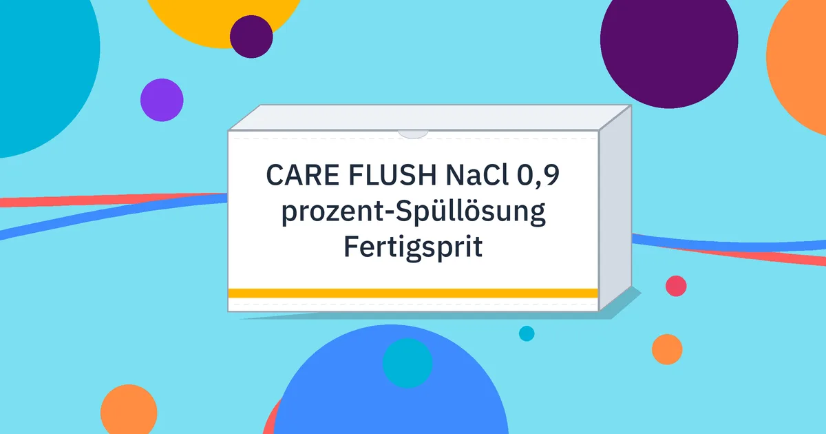 Symbolbild: Packung mit der Aufschrift CARE FLUSH NaCl 0,9 prozent-Spüllösung Fertigsprit (PZN 20119513) – Verfügbarkeit und Bezug in Apotheken in Frankfurt am Main