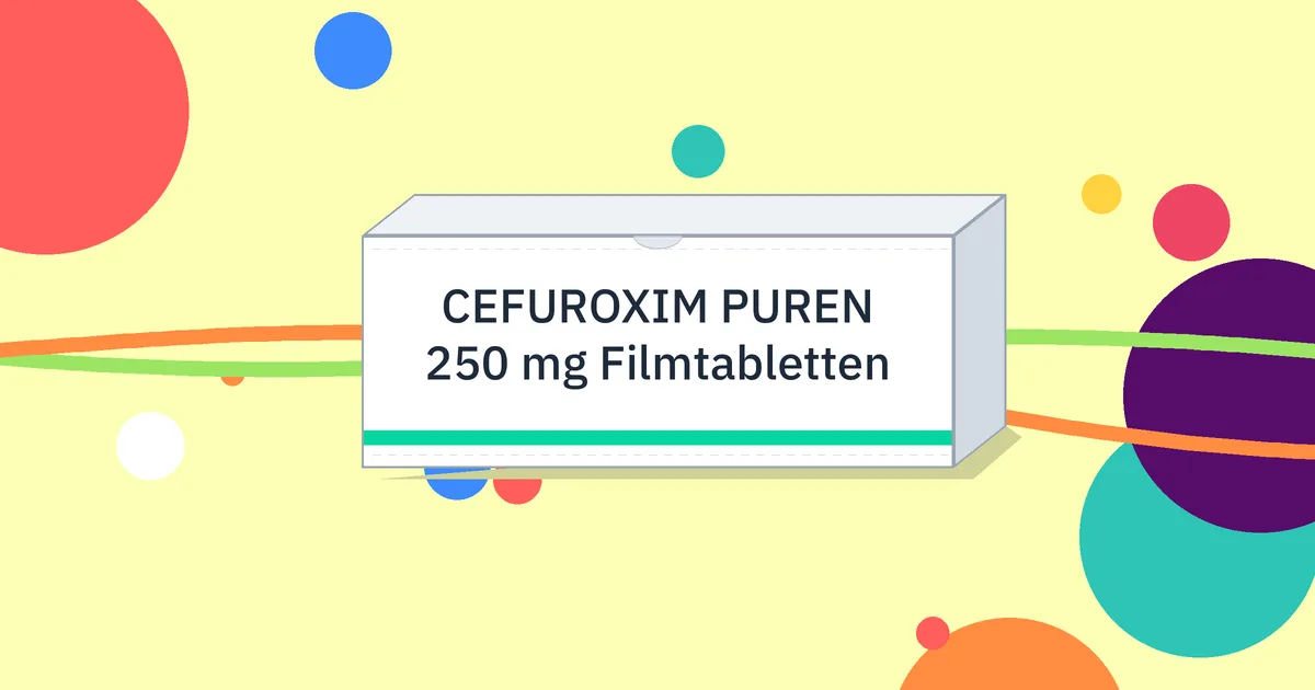 Symbolbild: Packung mit der Aufschrift CEFUROXIM PUREN 250 mg Filmtabletten (PZN 12584785) – Verfügbarkeit und Bezug in Apotheken in Frankfurt am Main