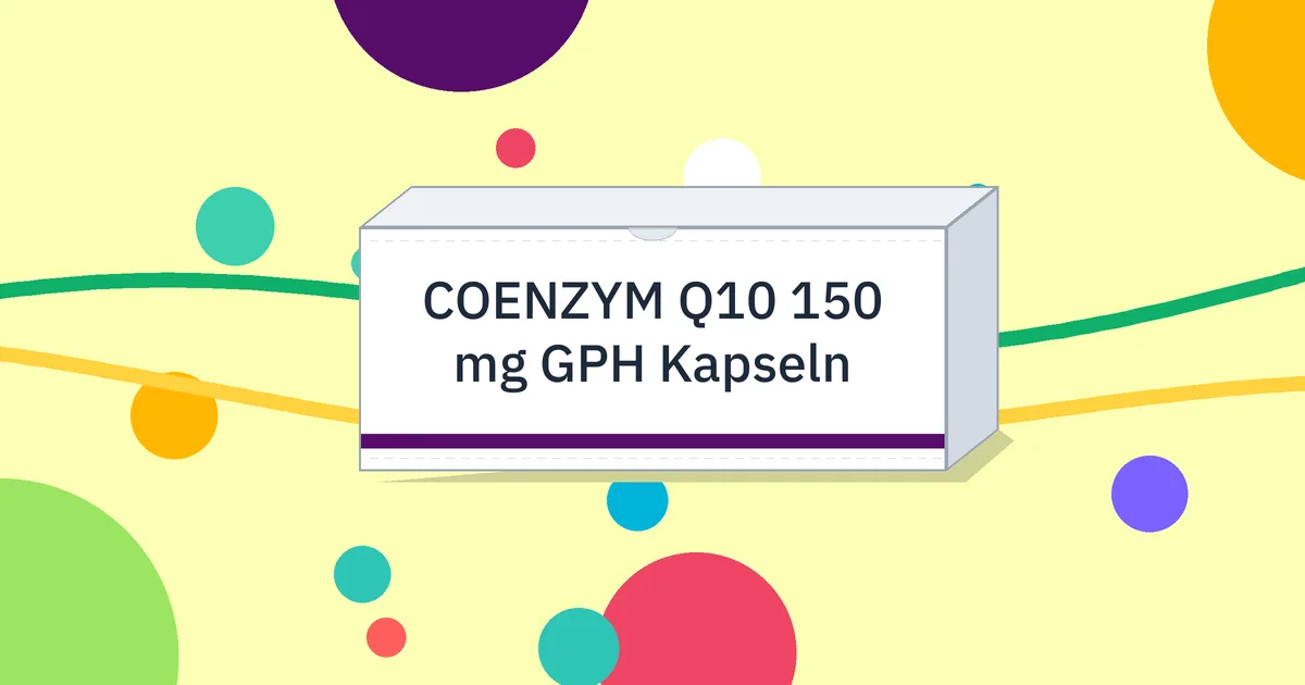 Symbolbild: Packung mit der Aufschrift COENZYM Q10 150 mg GPH Kapseln (PZN 06832836) – Verfügbarkeit und Bezug in Apotheken in Frankfurt am Main