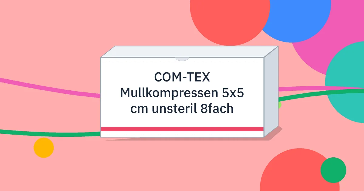 Symbolbild: Packung mit der Aufschrift COM-TEX Mullkompressen 5x5 cm unsteril 8fach (PZN 17150933) – Verfügbarkeit und Bezug in Apotheken in Frankfurt am Main