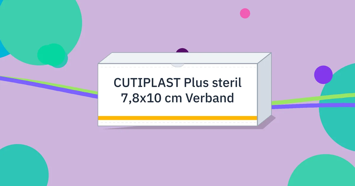 Symbolbild: Packung mit der Aufschrift CUTIPLAST Plus steril 7,8x10 cm Verband (PZN 19280628) – Verfügbarkeit und Bezug in Apotheken in Frankfurt am Main