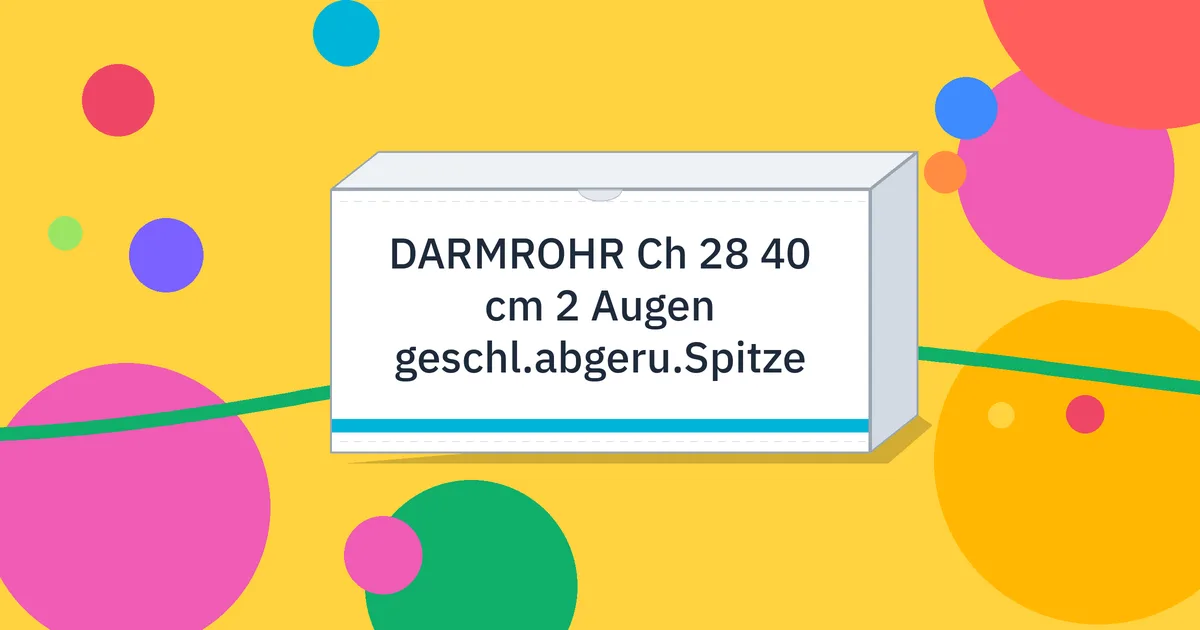 Symbolbild: Packung mit der Aufschrift DARMROHR Ch 28 40 cm 2 Augen geschl.abgeru.Spitze (PZN 10125702) – Verfügbarkeit und Bezug in Apotheken in Frankfurt am Main