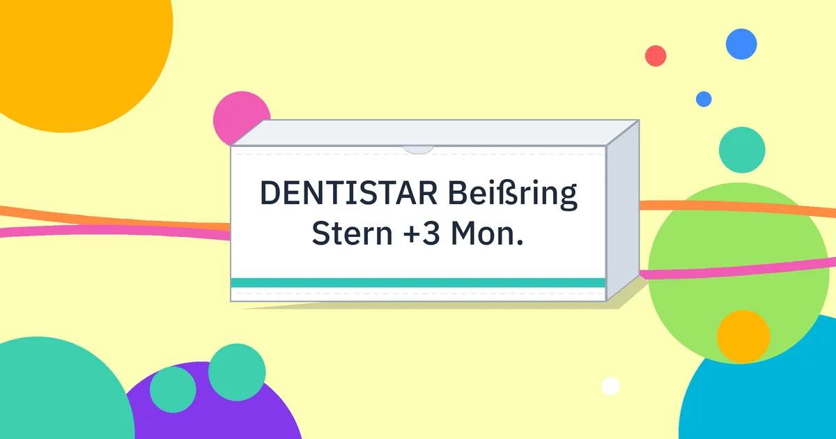 Symbolbild: Packung mit der Aufschrift DENTISTAR Beißring Stern +3 Mon. (PZN 16008624) – Verfügbarkeit und Bezug in Apotheken in Frankfurt am Main