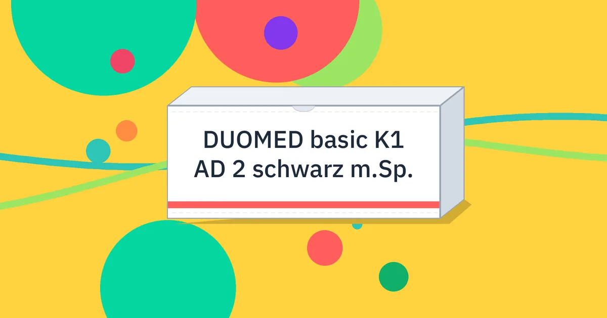 Symbolbild: Packung mit der Aufschrift DUOMED basic K1 AD 2 schwarz m.Sp. (PZN 20903431) – Verfügbarkeit und Bezug in Apotheken in Frankfurt am Main