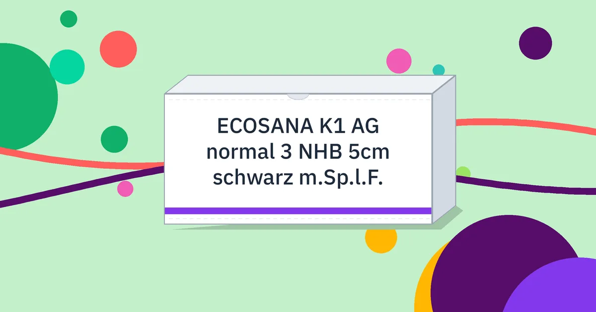 Symbolbild: Packung mit der Aufschrift ECOSANA K1 AG normal 3 NHB 5cm schwarz m.Sp.l.F. (PZN 04727199) – Verfügbarkeit und Bezug in Apotheken in Frankfurt am Main