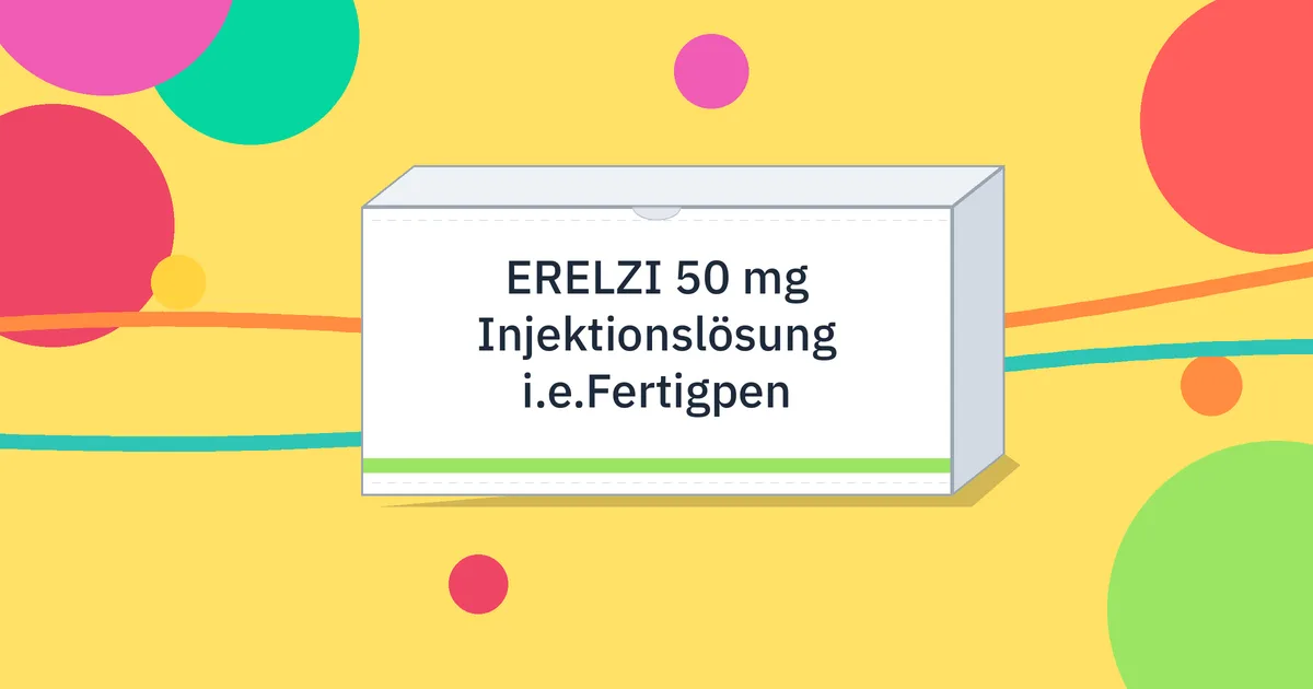 Symbolbild: Packung mit der Aufschrift ERELZI 50 mg Injektionslösung i.e.Fertigpen (PZN 18181930) – Verfügbarkeit und Bezug in Apotheken in Frankfurt am Main