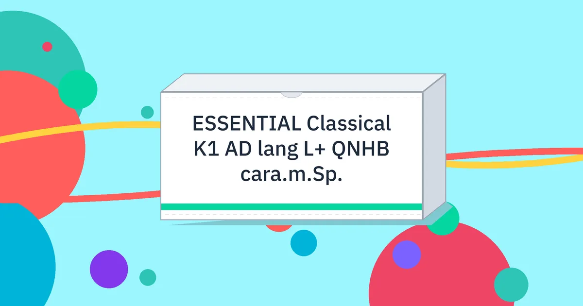Symbolbild: Packung mit der Aufschrift ESSENTIAL Classical K1 AD lang L+ QNHB cara.m.Sp. (PZN 18866935) – Verfügbarkeit und Bezug in Apotheken in Frankfurt am Main
