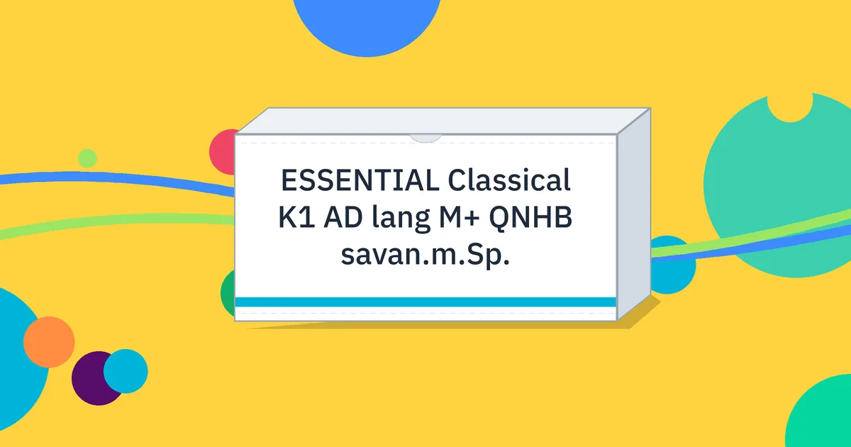 Symbolbild: Packung mit der Aufschrift ESSENTIAL Classical K1 AD lang M+ QNHB savan.m.Sp. (PZN 18867202) – Verfügbarkeit und Bezug in Apotheken in Frankfurt am Main