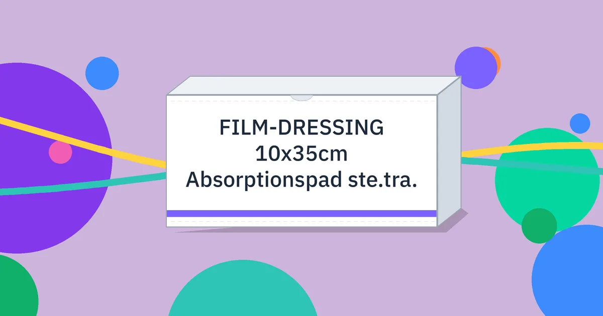 Symbolbild: Packung mit der Aufschrift FILM-DRESSING 10x35cm Absorptionspad ste.tra. (PZN 19508994) – Verfügbarkeit und Bezug in Apotheken in Frankfurt am Main