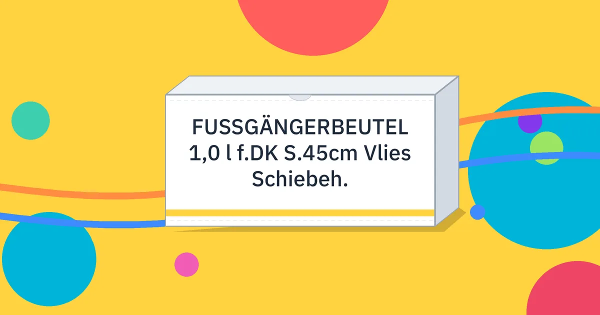 Symbolbild: Packung mit der Aufschrift FUSSGÄNGERBEUTEL 1,0 l f.DK S.45cm Vlies Schiebeh. (PZN 06096774) – Verfügbarkeit und Bezug in Apotheken in Frankfurt am Main