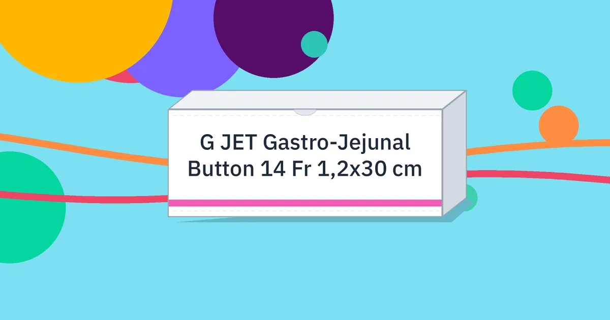 Symbolbild: Packung mit der Aufschrift G JET Gastro-Jejunal Button 14 Fr 1,2x30 cm (PZN 14342655) – Verfügbarkeit und Bezug in Apotheken in Frankfurt am Main