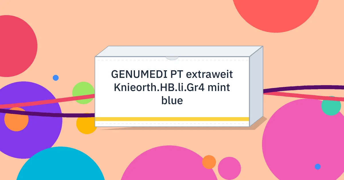 Symbolbild: Packung mit der Aufschrift GENUMEDI PT extraweit Knieorth.HB.li.Gr4 mint blue (PZN 17982651) – Verfügbarkeit und Bezug in Apotheken in Frankfurt am Main