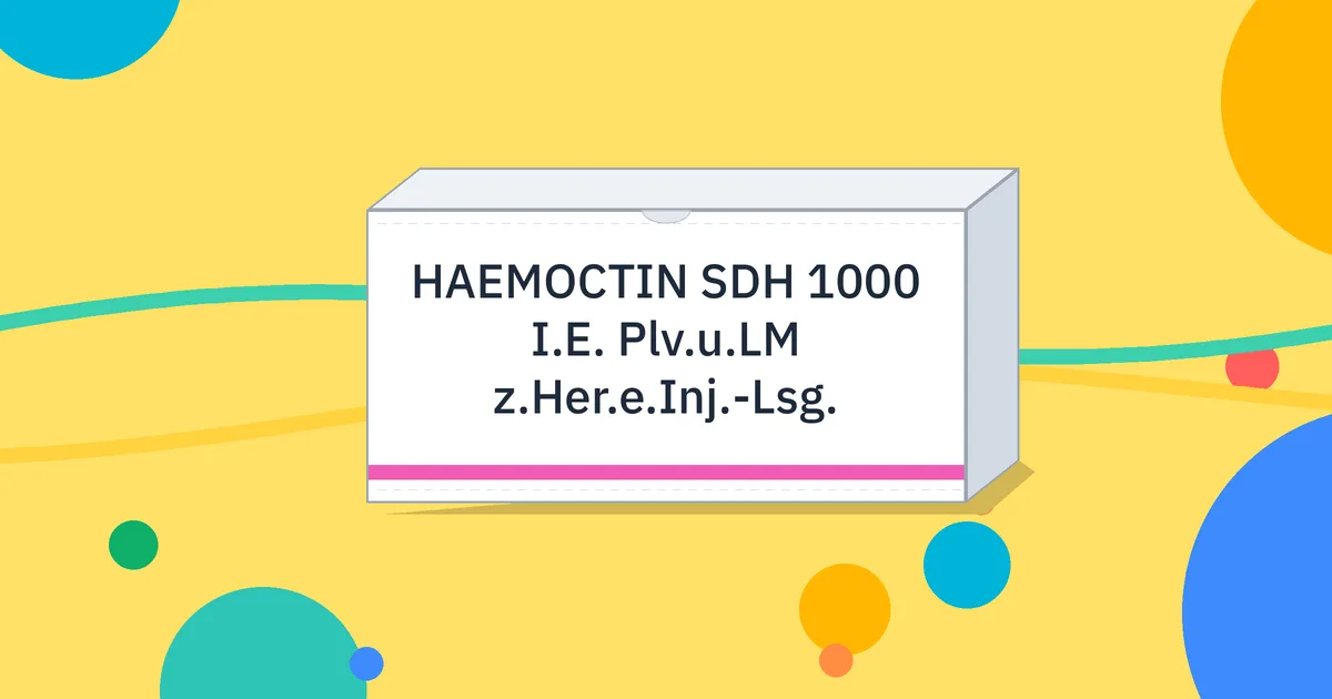 Symbolbild: Packung mit der Aufschrift HAEMOCTIN SDH 1000 I.E. Plv.u.LM z.Her.e.Inj.-Lsg. (PZN 06875024) – Verfügbarkeit und Bezug in Apotheken in Frankfurt am Main