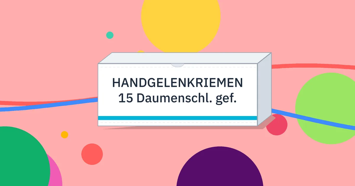 Symbolbild: Packung mit der Aufschrift HANDGELENKRIEMEN 15 Daumenschl. gef. (PZN 02387894) – Verfügbarkeit und Bezug in Apotheken in Frankfurt am Main