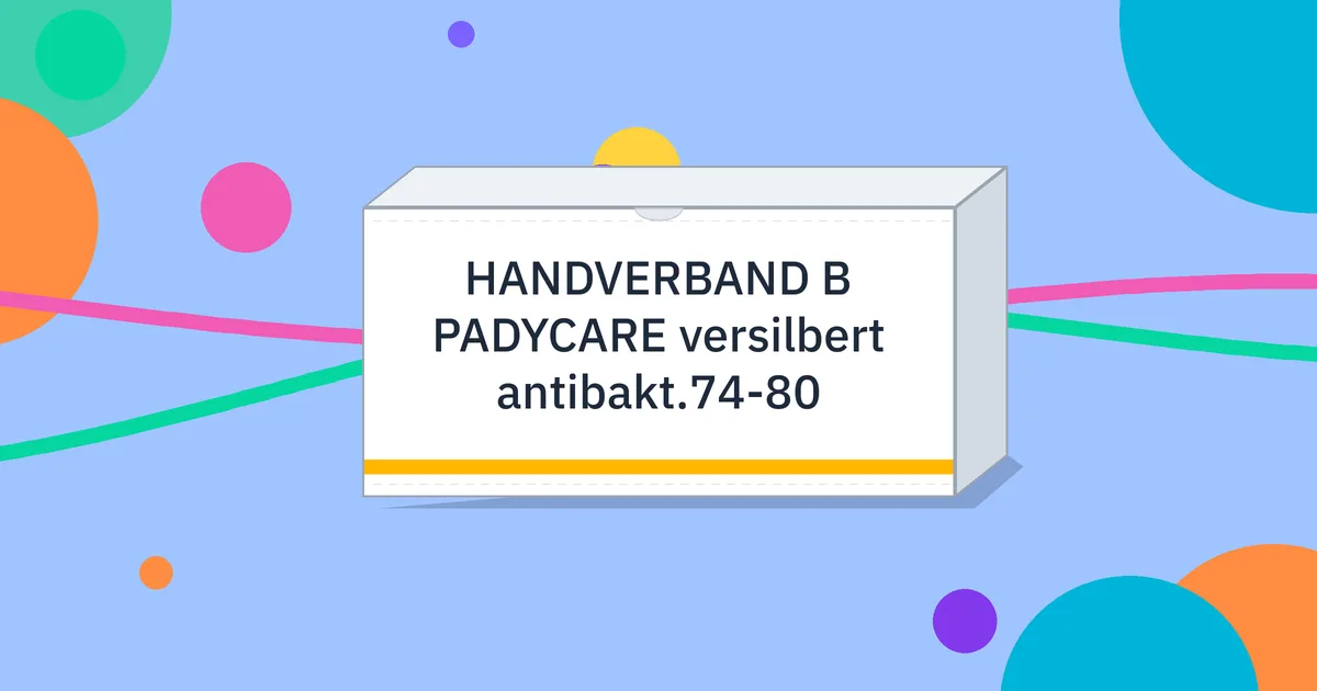 Symbolbild: Packung mit der Aufschrift HANDVERBAND B PADYCARE versilbert antibakt.74-80 (PZN 10938397) – Verfügbarkeit und Bezug in Apotheken in Frankfurt am Main