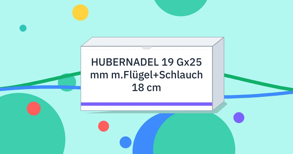 Symbolbild: Packung mit der Aufschrift HUBERNADEL 19 Gx25 mm m.Flügel+Schlauch 18 cm (PZN 02350187) – Verfügbarkeit und Bezug in Apotheken in Frankfurt am Main
