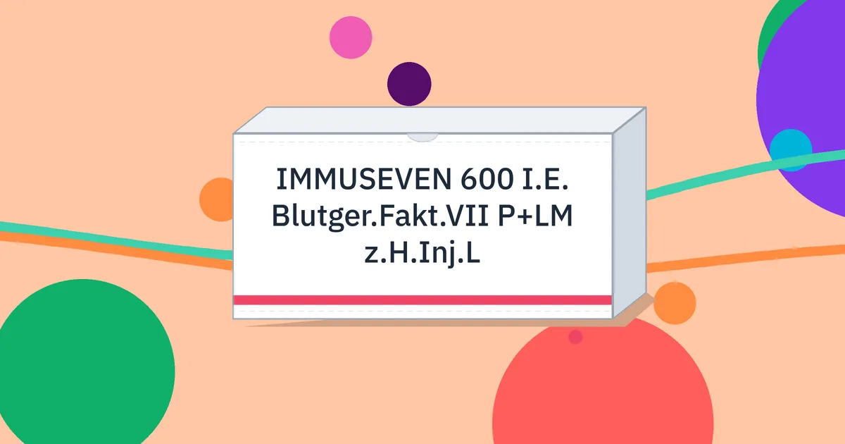 Symbolbild: Packung mit der Aufschrift IMMUSEVEN 600 I.E. Blutger.Fakt.VII P+LM z.H.Inj.L (PZN 00435962) – Verfügbarkeit und Bezug in Apotheken in Frankfurt am Main