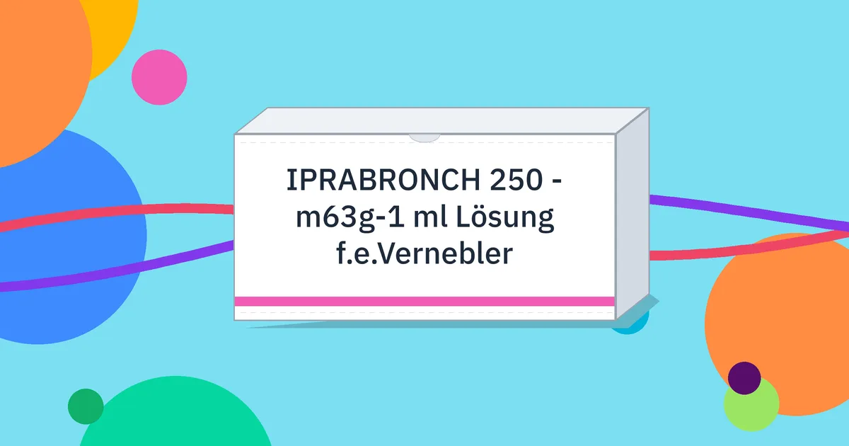 Symbolbild: Packung mit der Aufschrift IPRABRONCH 250 -m63g-1 ml Lösung f.e.Vernebler (PZN 09384539) – Verfügbarkeit und Bezug in Apotheken in Frankfurt am Main