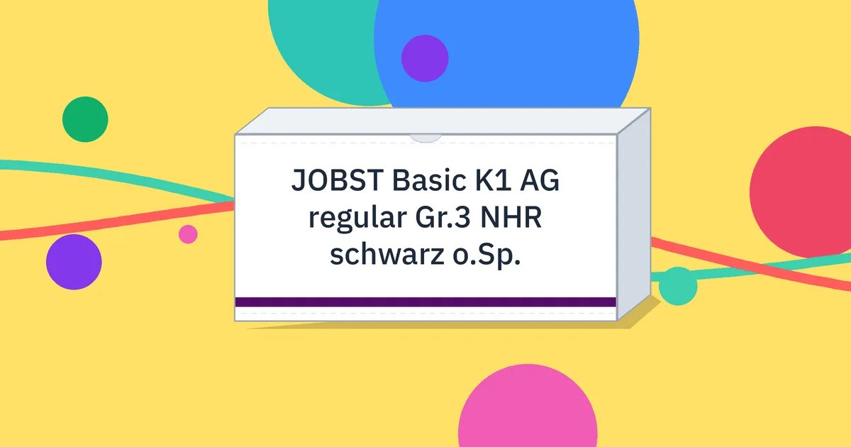 Symbolbild: Packung mit der Aufschrift JOBST Basic K1 AG regular Gr.3 NHR schwarz o.Sp. (PZN 15309795) – Verfügbarkeit und Bezug in Apotheken in Frankfurt am Main