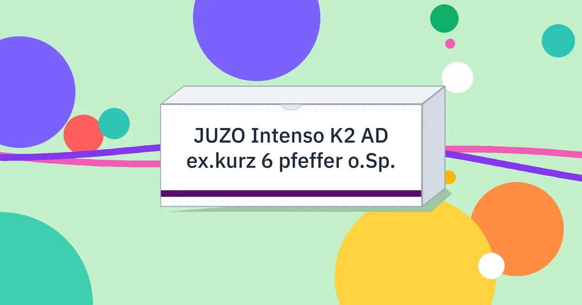 Symbolbild: Packung mit der Aufschrift JUZO Intenso K2 AD ex.kurz 6 pfeffer o.Sp. (PZN 18618491) – Verfügbarkeit und Bezug in Apotheken in Frankfurt am Main