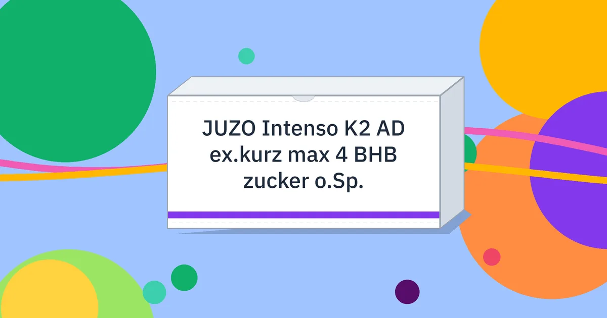 Symbolbild: Packung mit der Aufschrift JUZO Intenso K2 AD ex.kurz max 4 BHB zucker o.Sp. (PZN 18624215) – Verfügbarkeit und Bezug in Apotheken in Frankfurt am Main